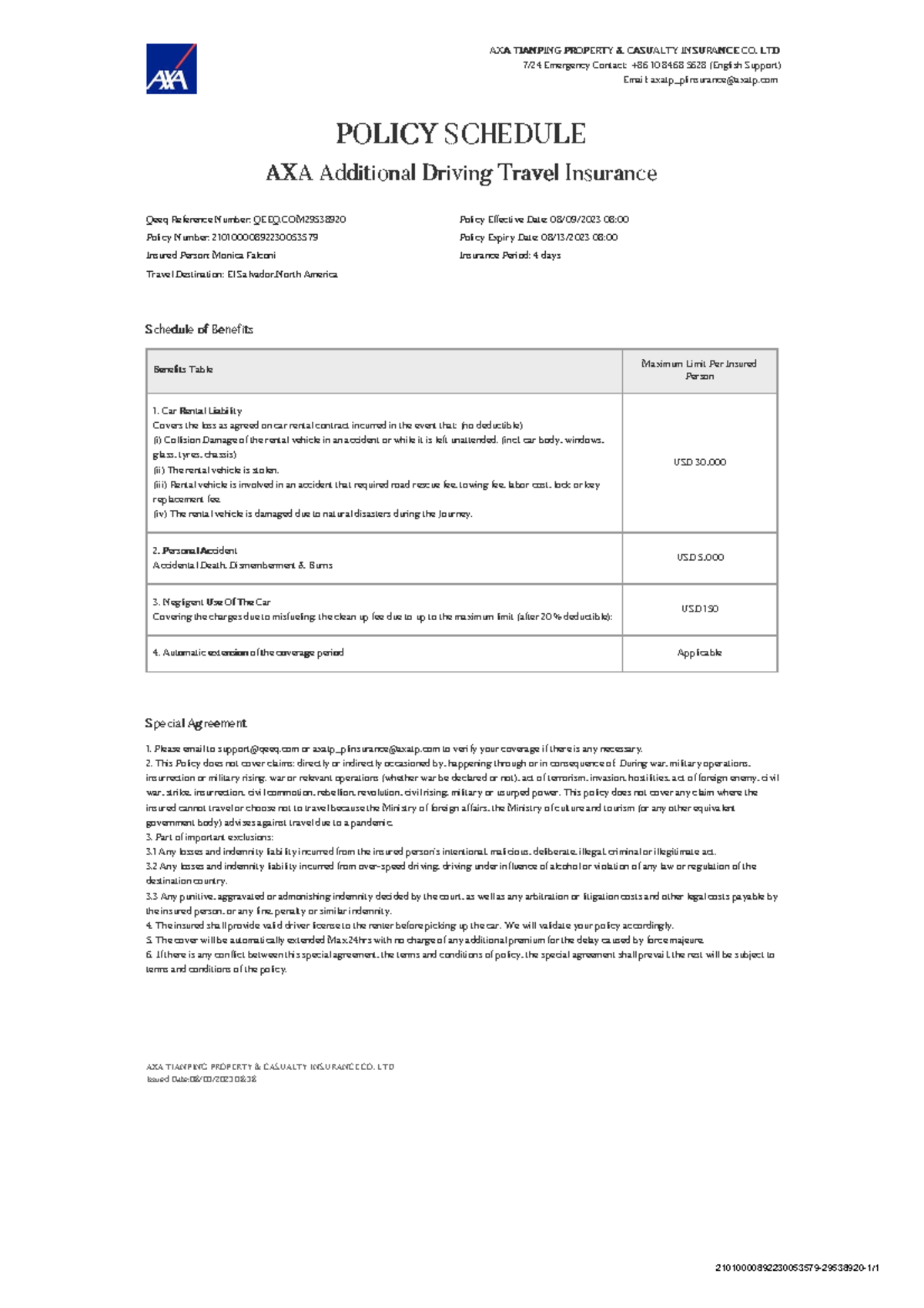 Qeeq Axa Policy ref2953892022 - AXA TIANPING PROPERTY & CASUALTY ...