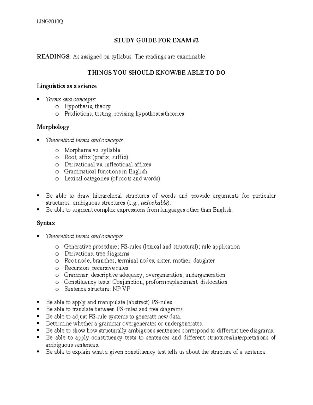 2010 Q study guide for Exam2 - LING2010Q STUDY GUIDE FOR EXAM # 2 READINGS: As assigned on ...