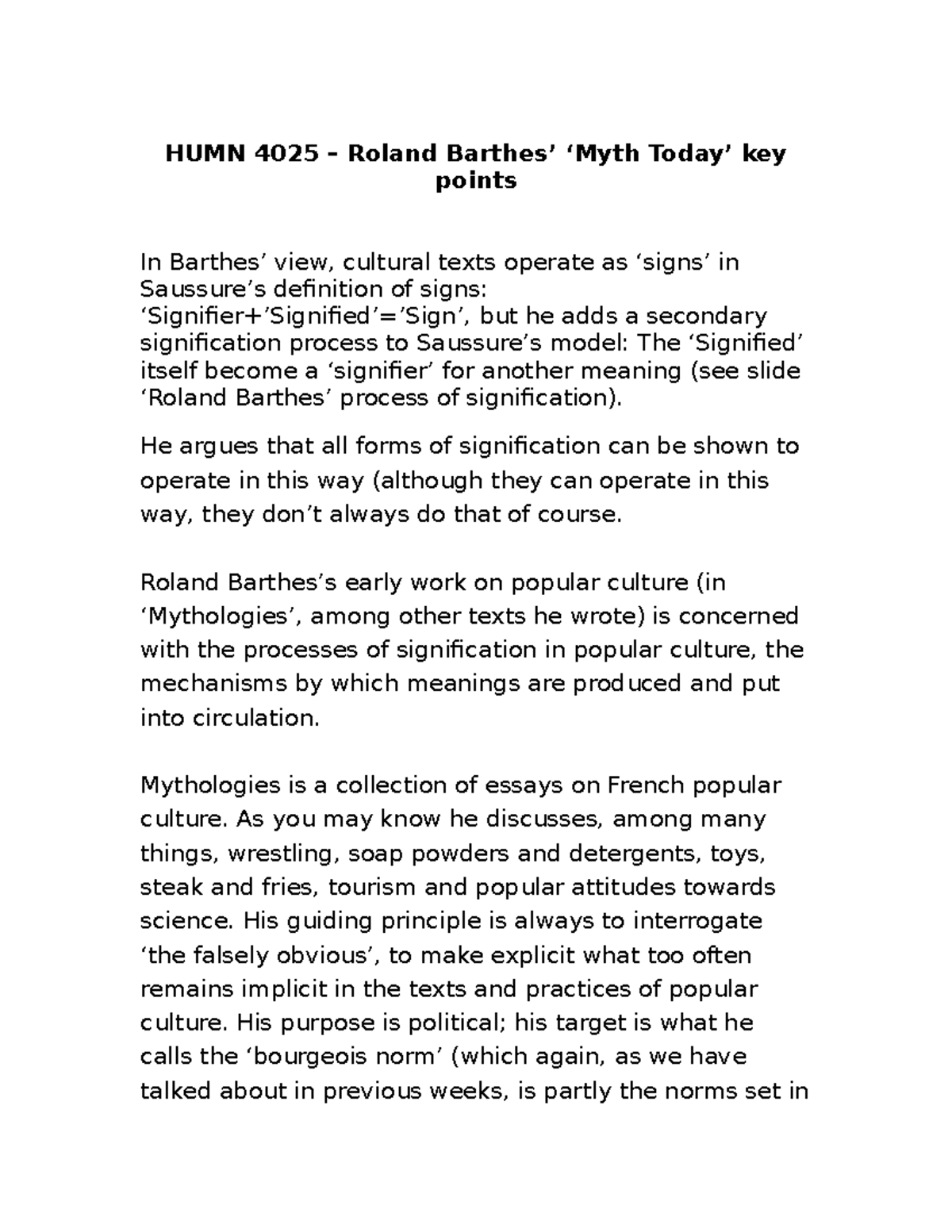 Barthes - Myth today key points - HUMN 4025 – Roland Barthes’ ‘Myth ...