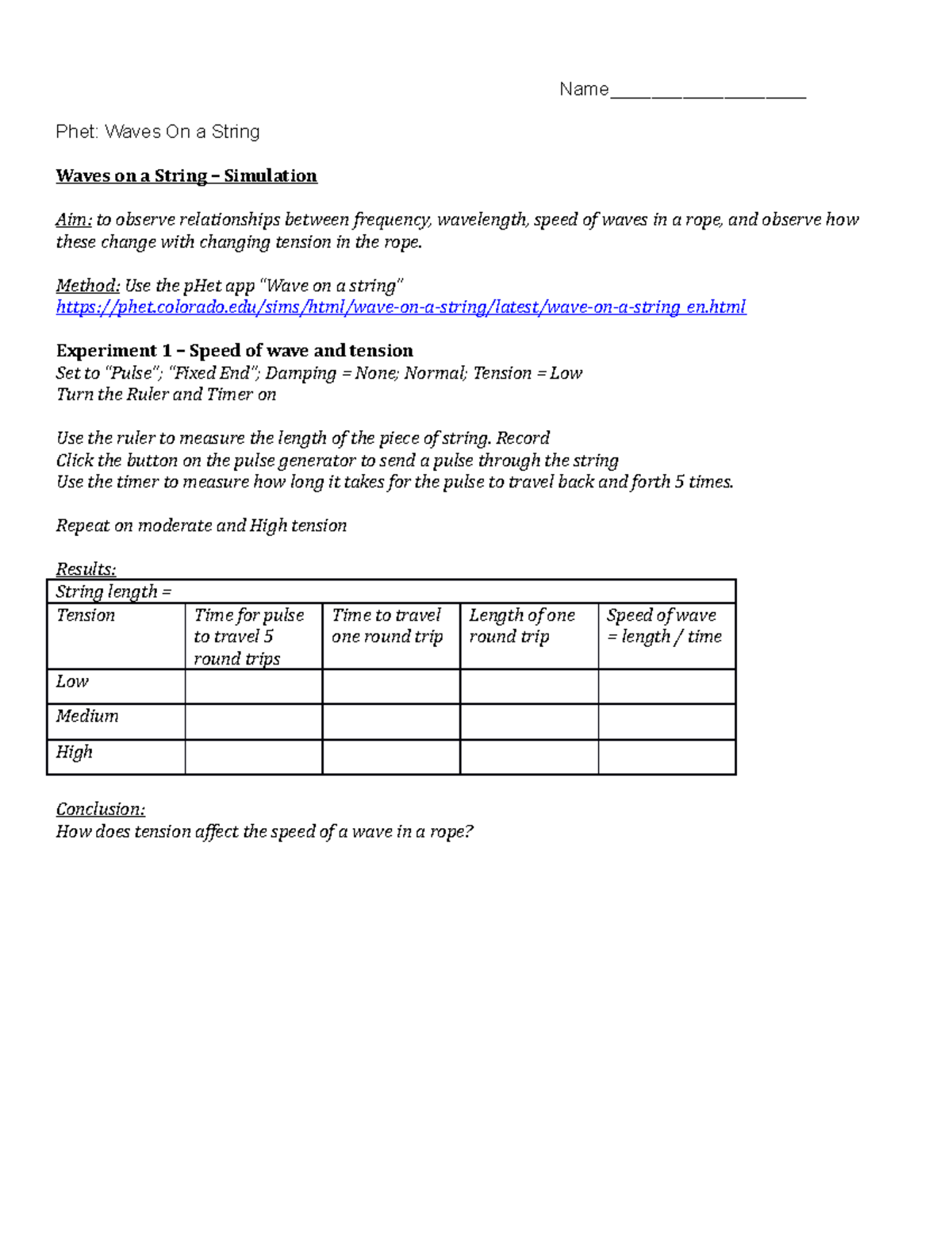 Phet Waves in a Rope – Simulation-1 - Name___________________ Phet ...