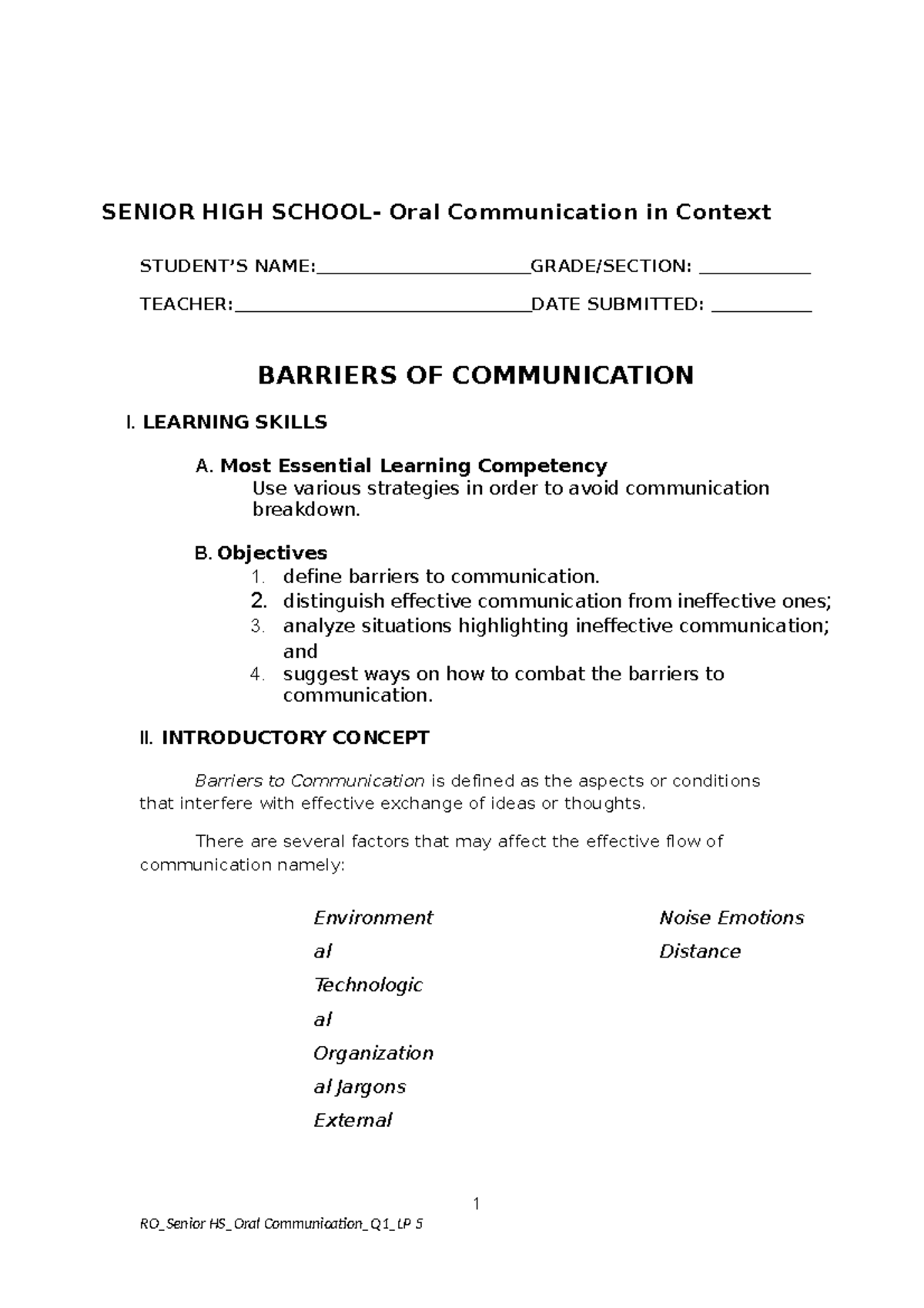 RO ORAL Communication Q1 LP-5 - 1 RO_Senior HS_Oral Communica琀椀on_Q1_LP 5 SENIOR HIGH SCHOOL ...