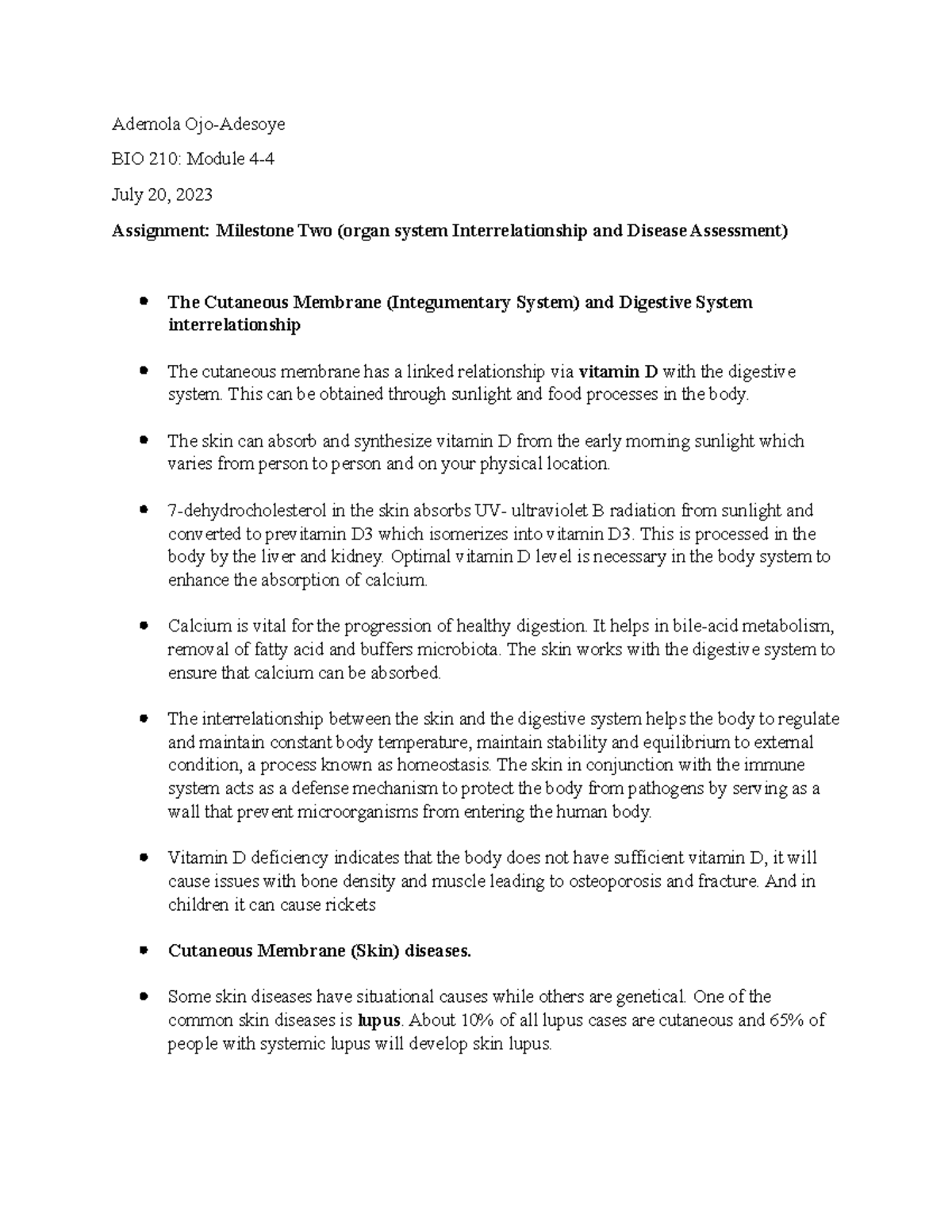 BIO 210 Milestone Two Module 4-4 - Ademola Ojo-Adesoye BIO 210: Module ...