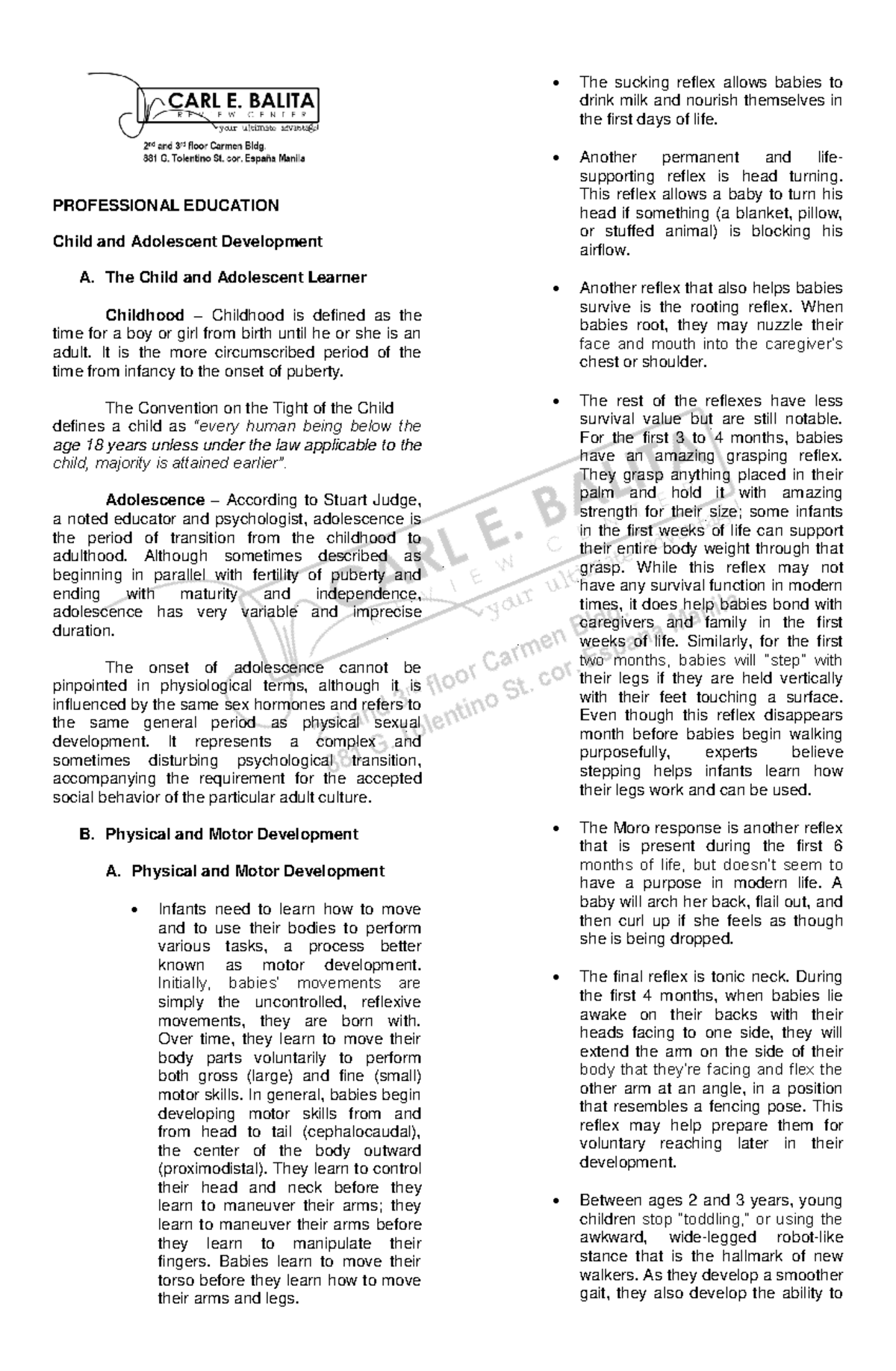 Child Adolescent Development Hand outs - PROFESSIONAL EDUCATION Child ...