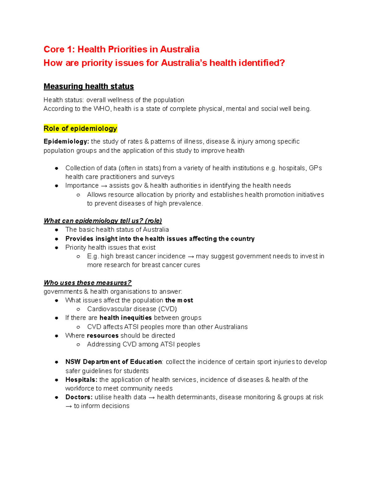 PDHPE Notes core1 - Core 1: Health Priorities in Australia How are ...