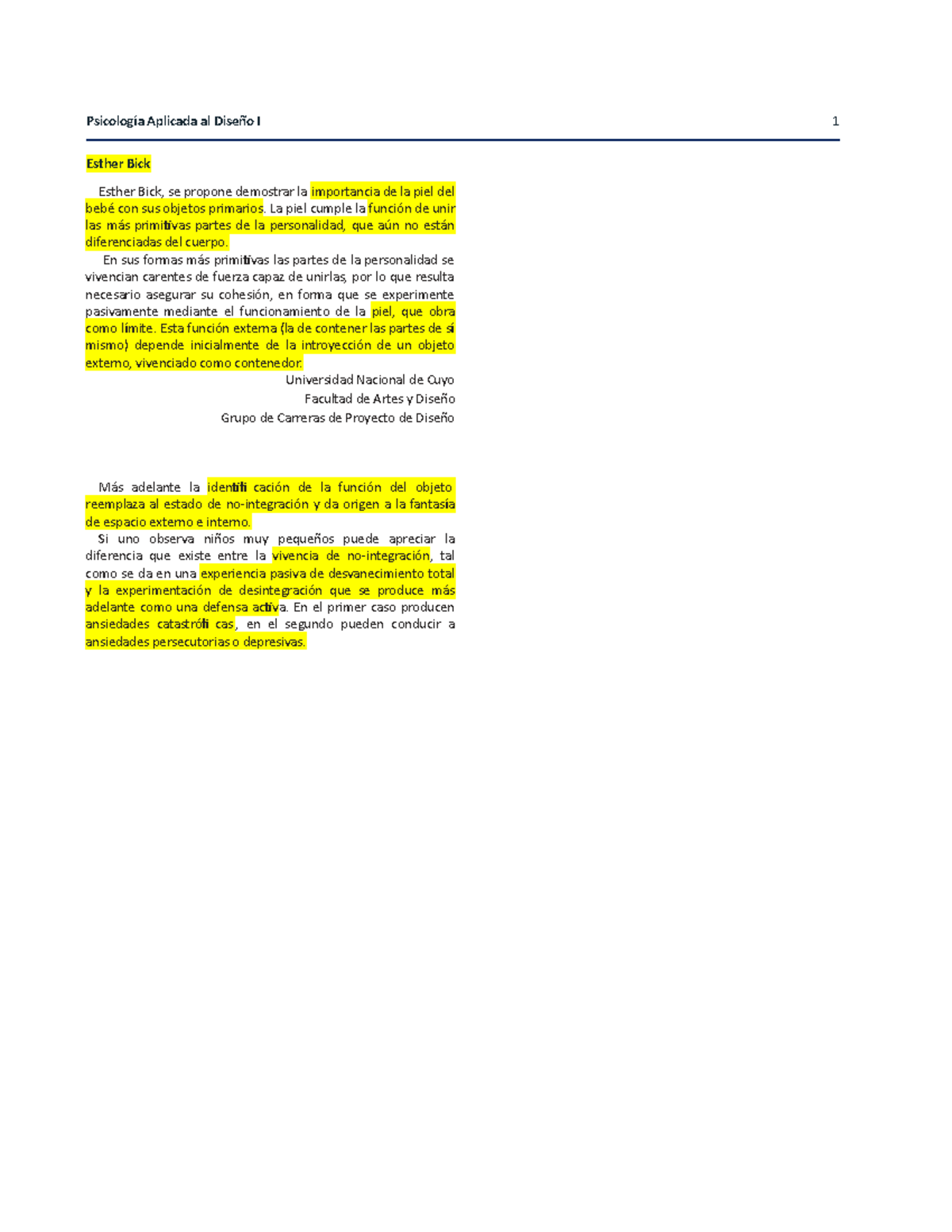 Esther bick - fghd vg - Psicología Aplicada al Diseño I Esther Bick ...