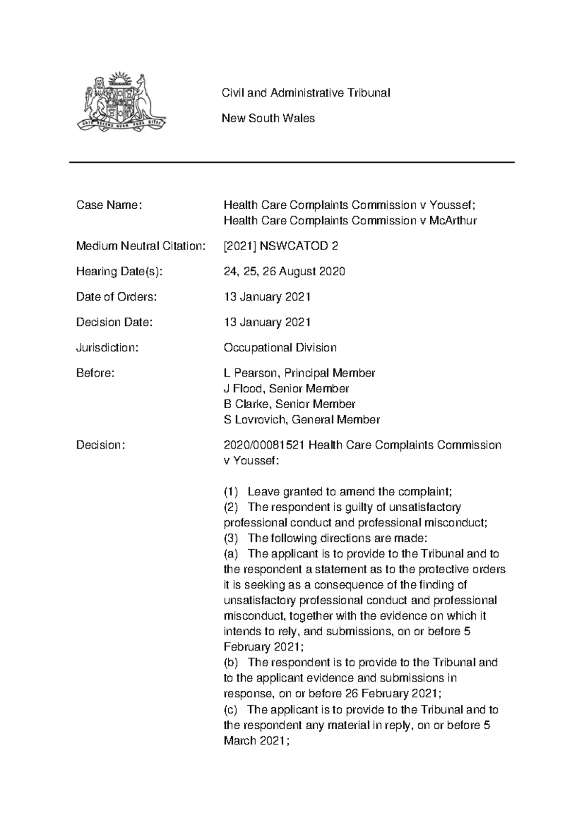 Assessment 2 - HCCC vs Youssef&Mc Arthur - Nursing - Civil and ...