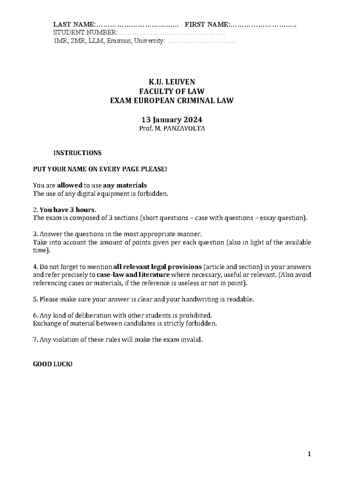 ECL Sample Exam 2024 - STUDENT NUMBER ...