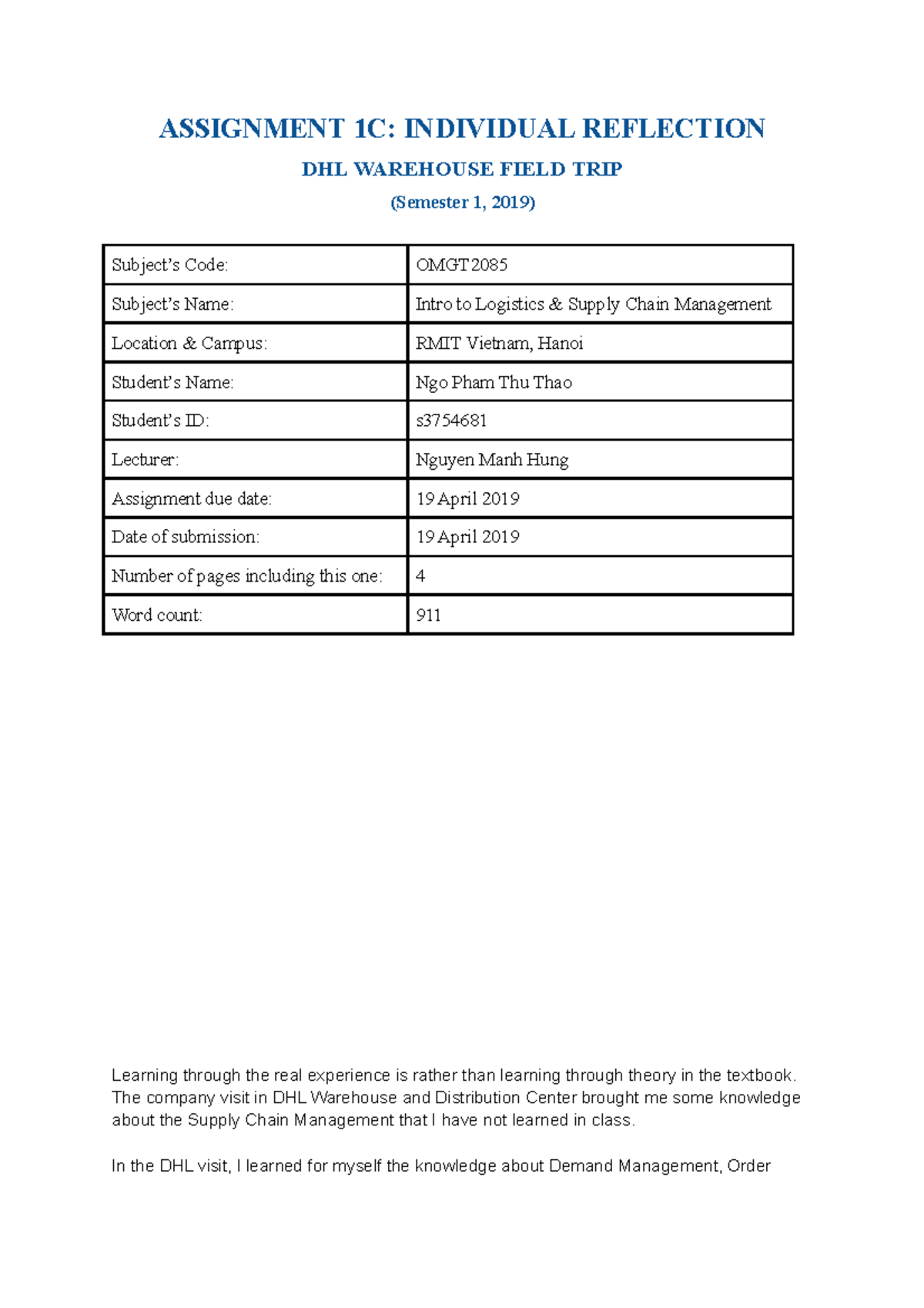 Assessment 1C - Individual Reflection (10%) - [Week 9] - ASSIGNMENT 1C ...