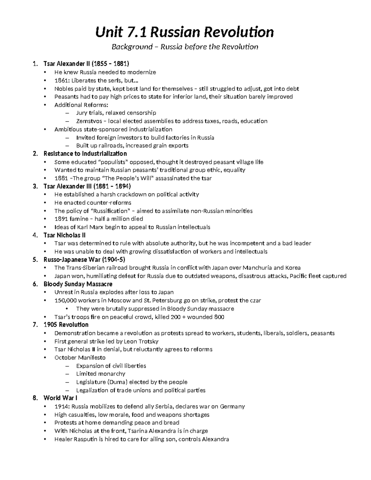Unit 7.1 Russian Revolution Outline Notes - Unit 7 Russian Revolution ...