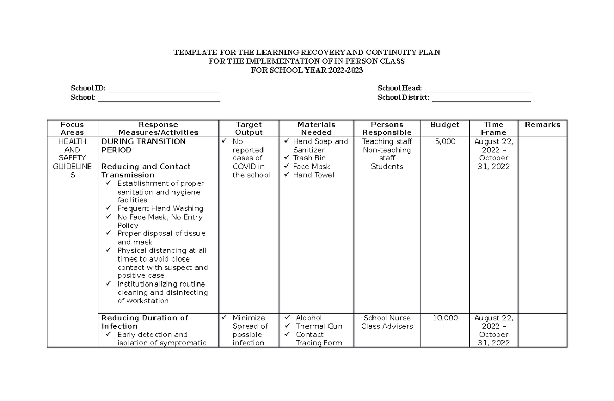 Health and Safety LCP - TEMPLATE FOR THE LEARNING RECOVERY AND ...