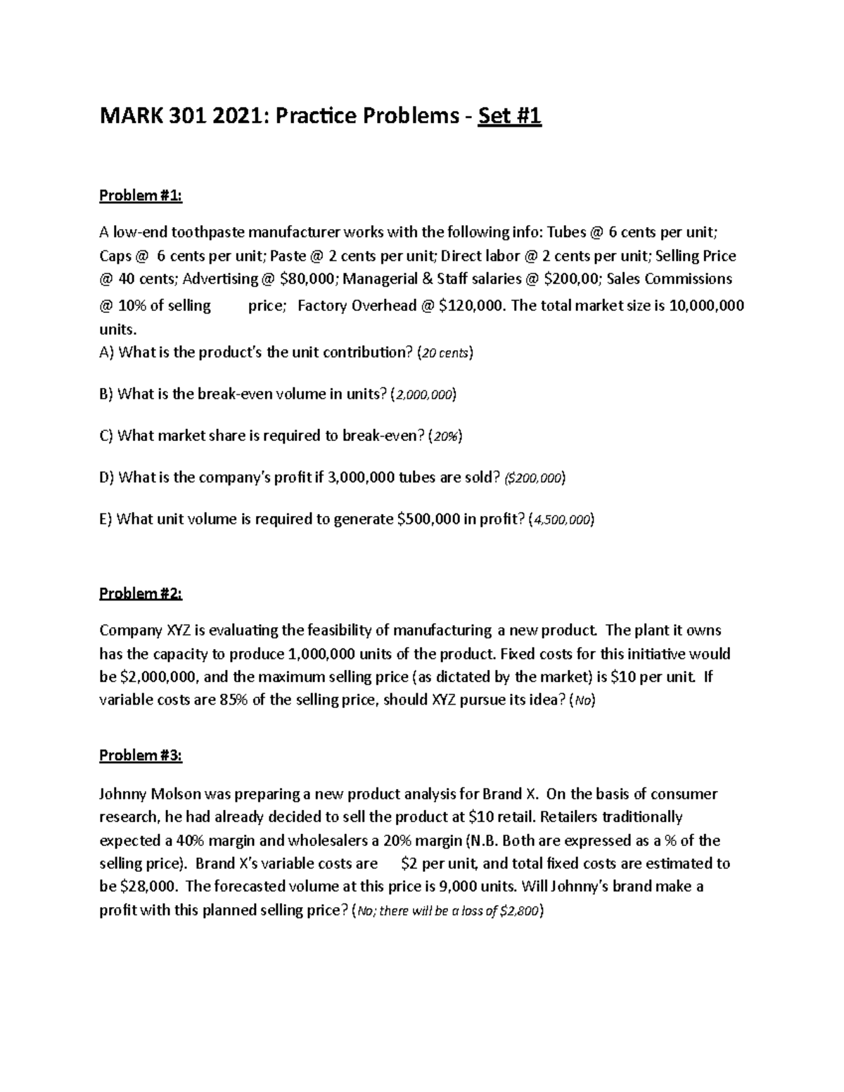 Practice Problems Set#1 - MARK 301 2021: Practice Problems - Set ...