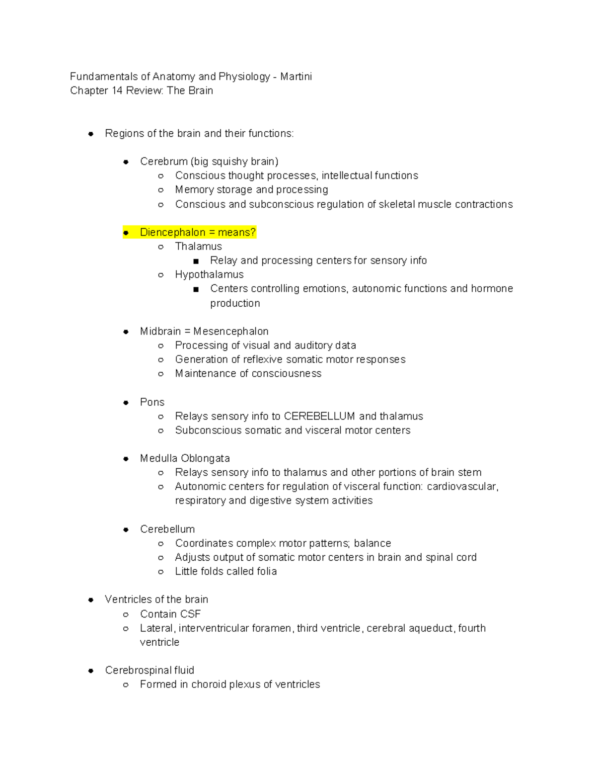A&P Martini Textbook Chap 14 Review - Fundamentals of Anatomy and ...
