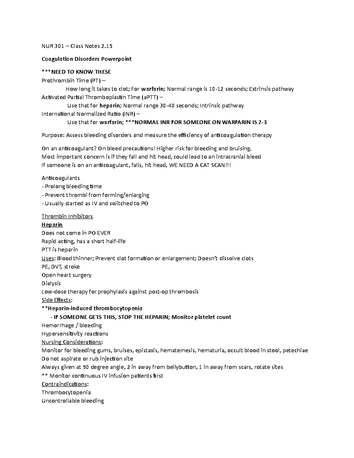 NUR 301 - Class Notes 2 - NUR 301 – Class Notes 2. Coagulation ...