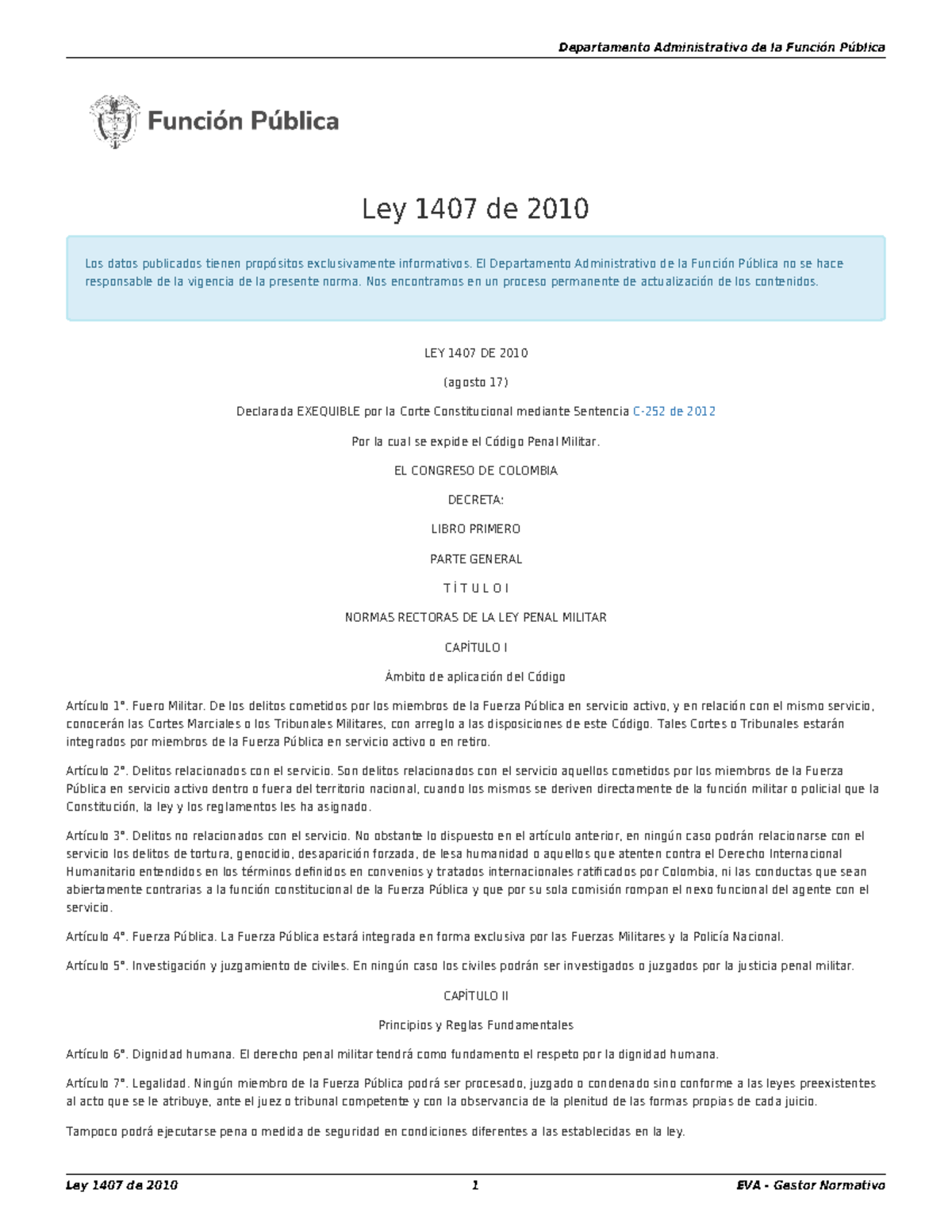 Ley 1407 de 2010 codigo penal militar - Ley 1407 de 2010 Los datos ...