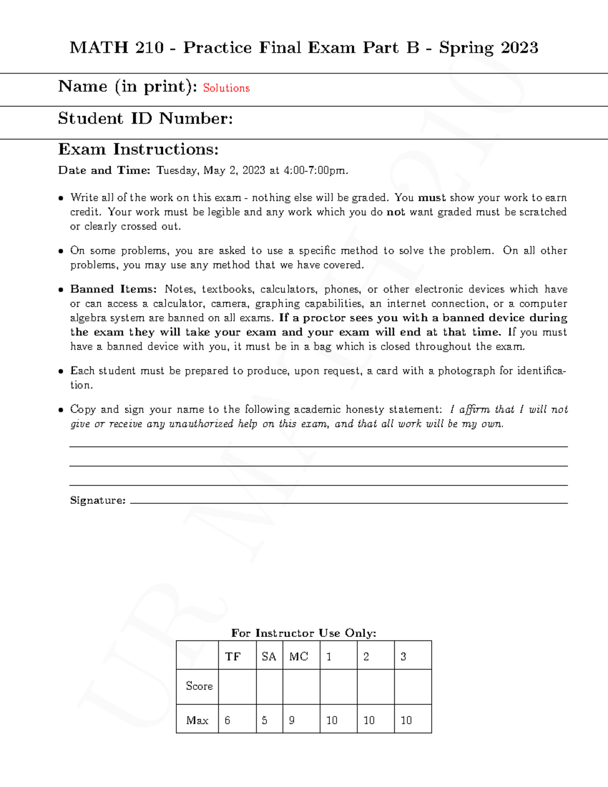 Practice Final Solutions - UR MATH 210 MATH 210 - Practice Final Exam Part B - Spring 2023 Name ...