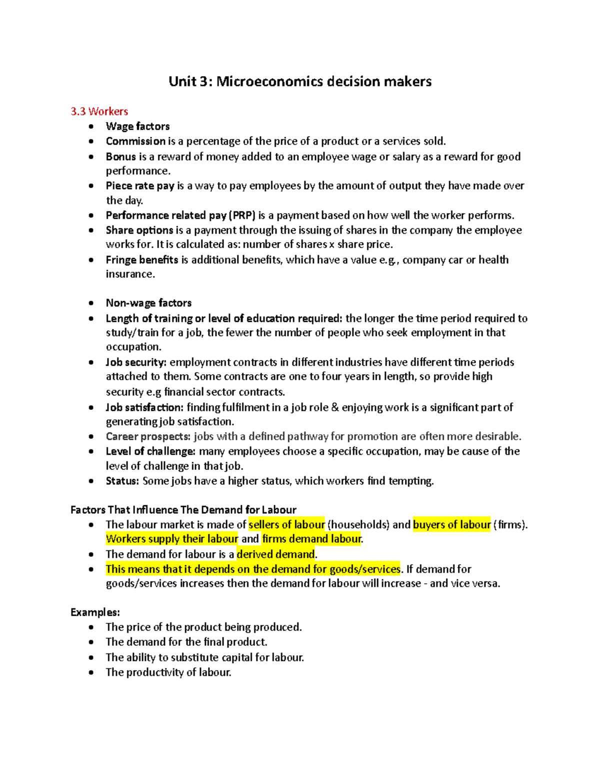 Unit 3 - UNIT 3 - Unit 3: Microeconomics decision makers 3 Workers ...