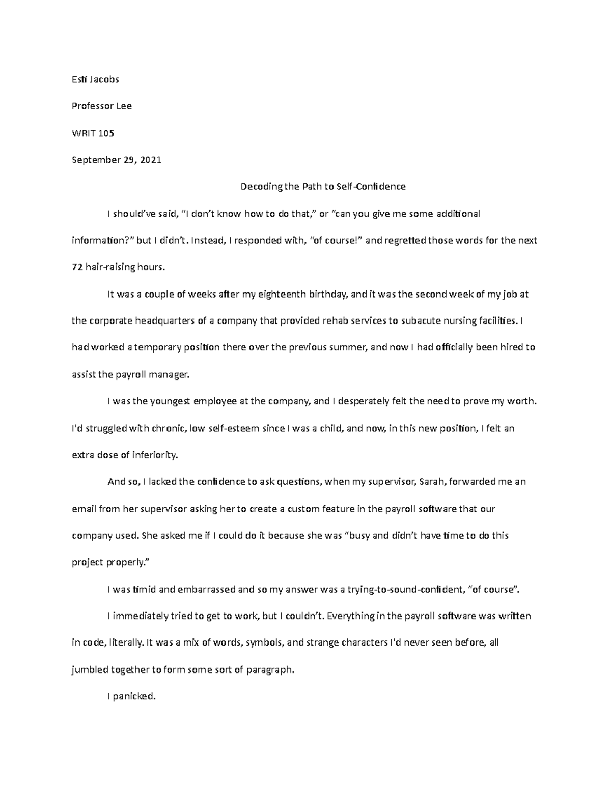 Literacy Narrative Final Draft - Esti Jacobs Professor Lee WRIT 105 ...