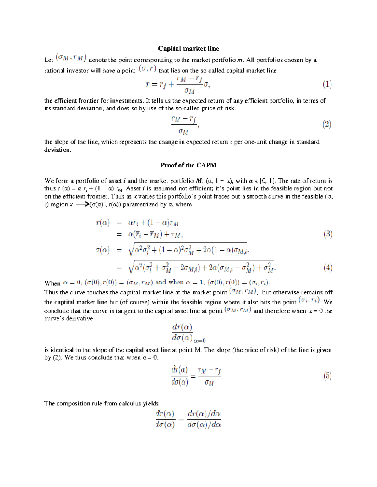 Proof of the CAPM - notes - Capital market line Let denote the point ...