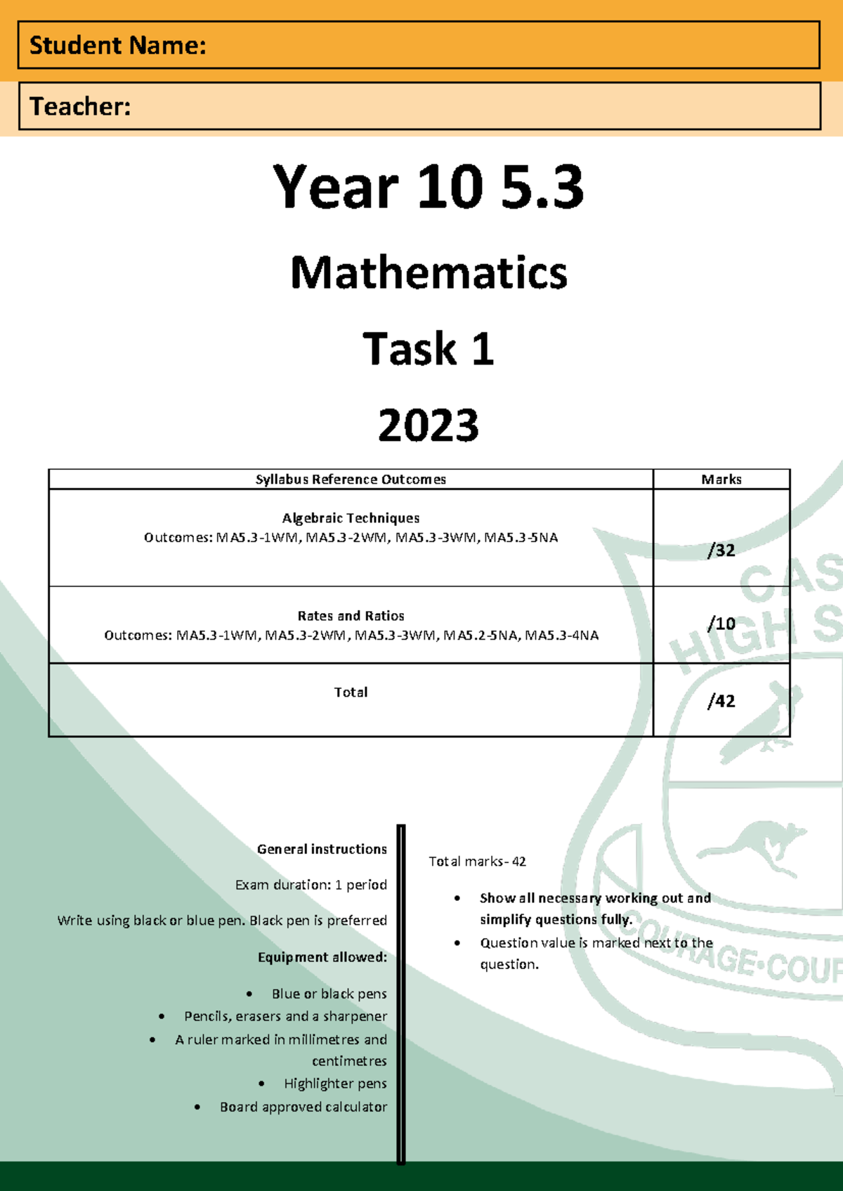 Year 10 Maths 5.3 - Algebraic Techniques, Ratios and Rates - Student ...