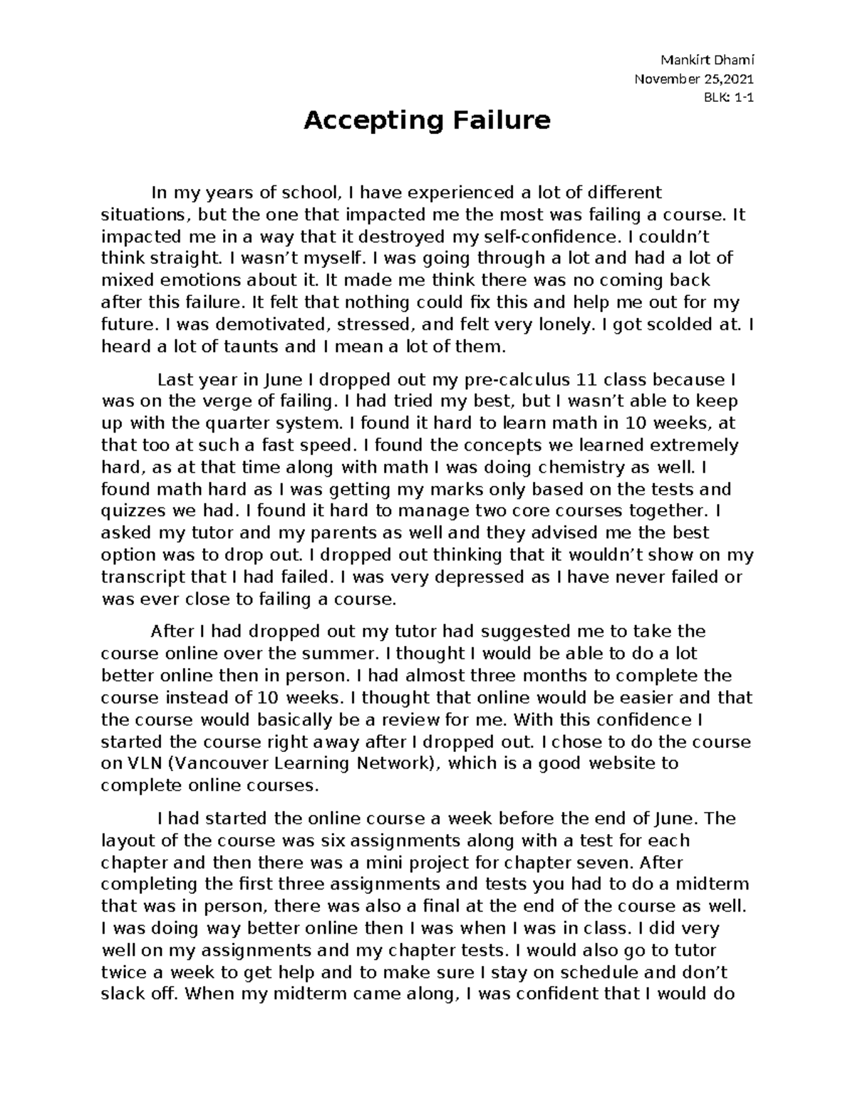 Accepting Failure- Mankirt Dhami - November 25, BLK: 1- Accepting ...