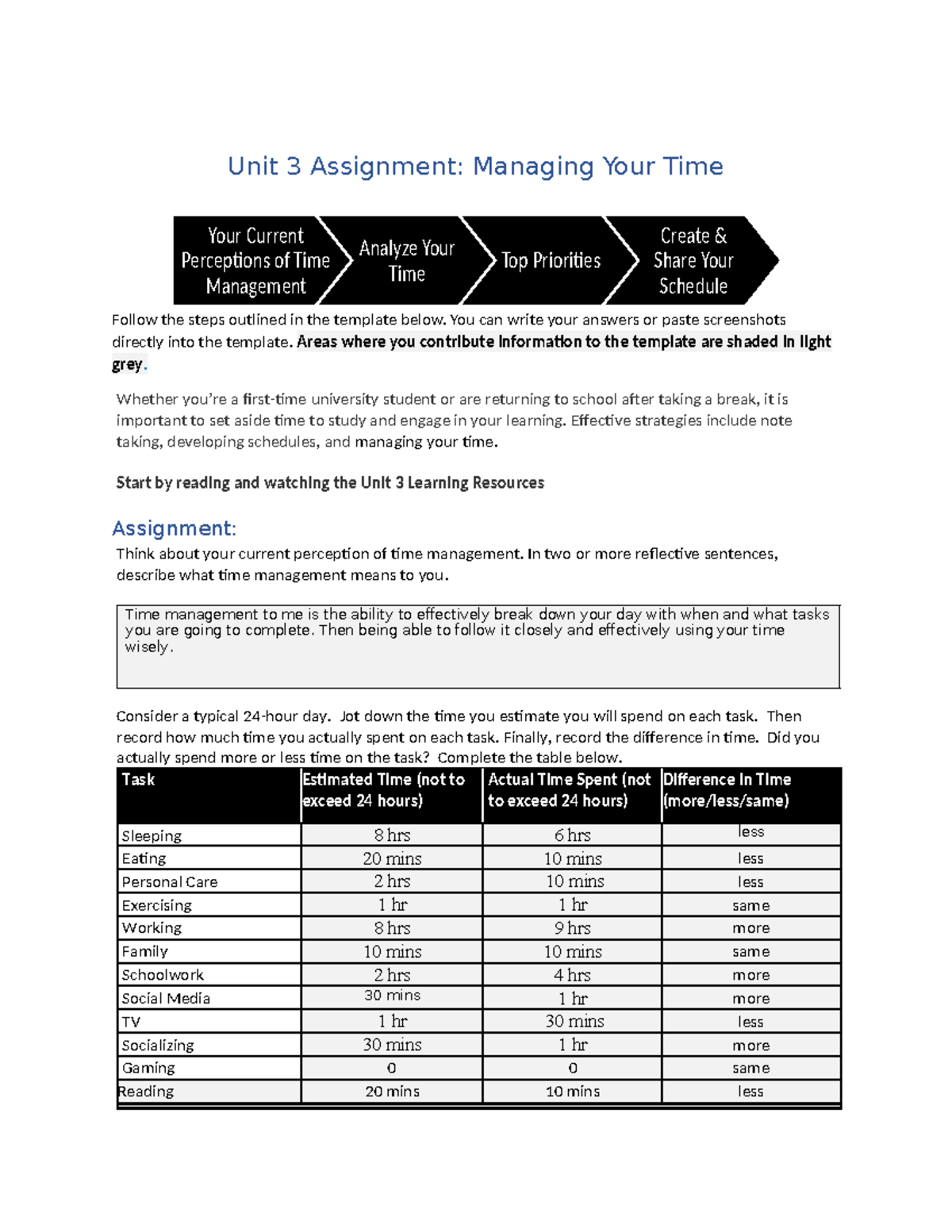 Unit 3 Assignment - Unit 3 Assignment: Managing Your Time Follow the steps outlined in the ...