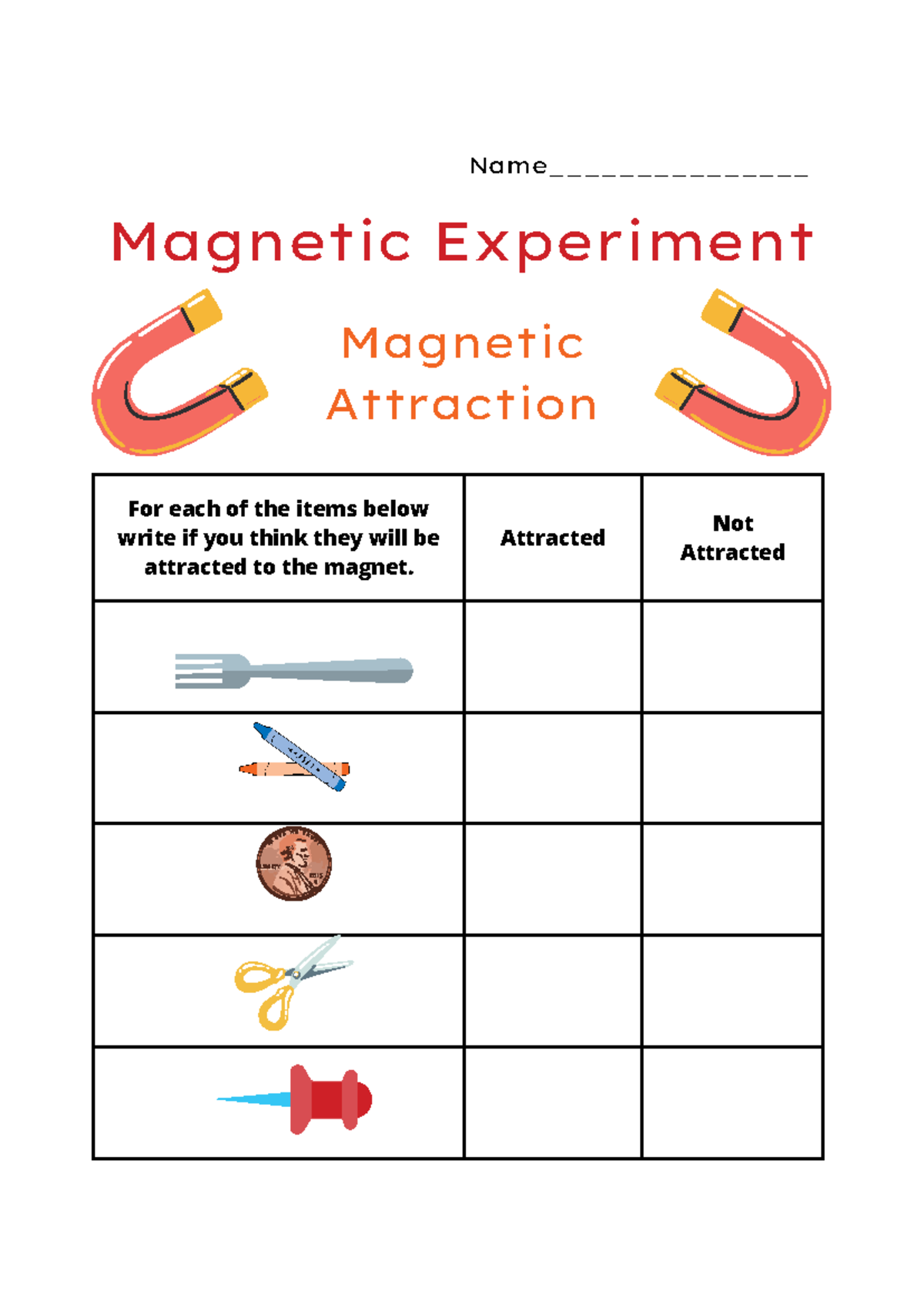 Magnetic Attraction Science Experiment worksheet - Electrical ...