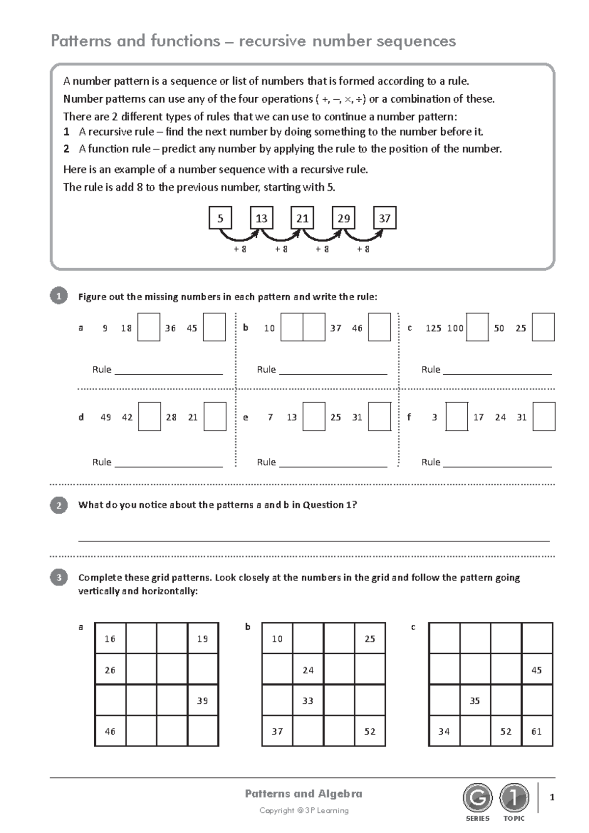 Patterns and algebra b - notes - G 1 1 Copyright © 3P Learning Patterns ...