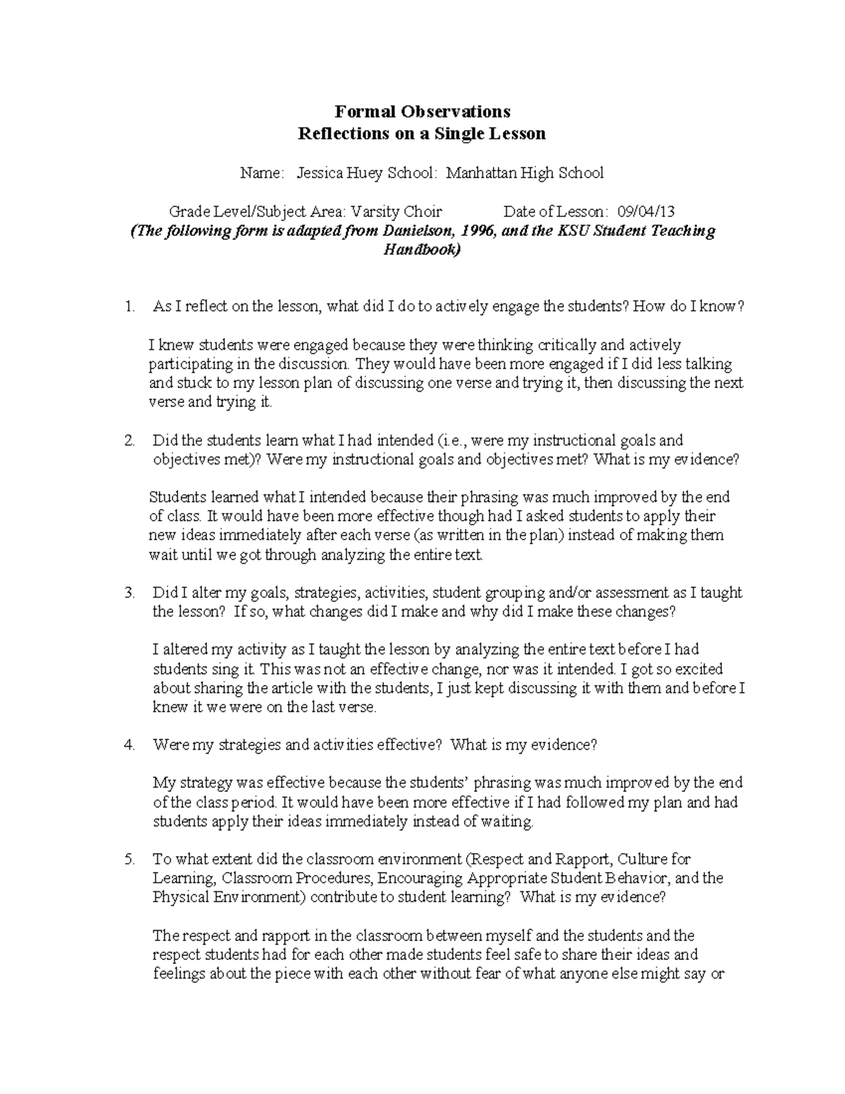 Observation 1 Reflection - Formal Observations Reflections on a Single ...