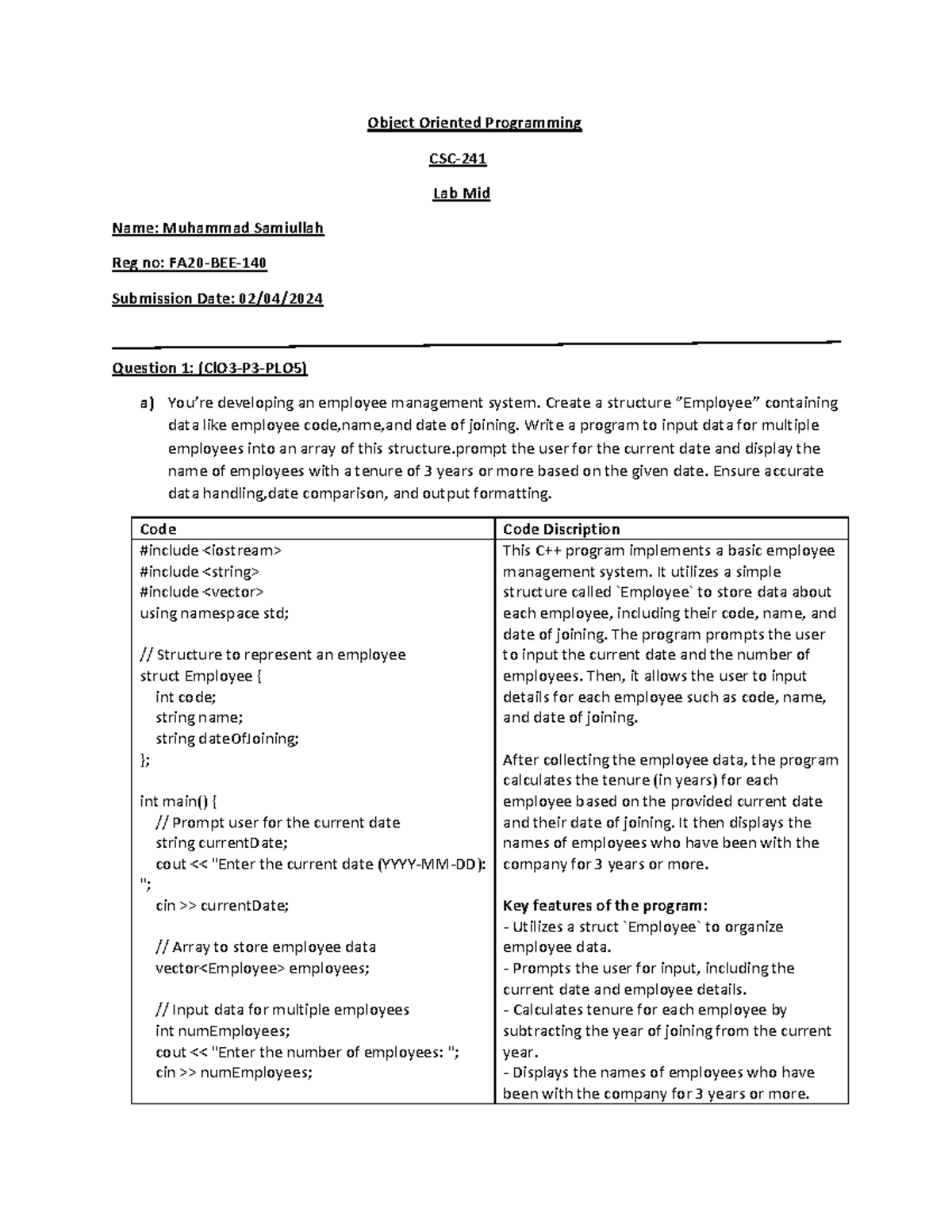 FA20BEE140 l AB MID - lab reportt - Object Oriented Programming CSC- Lab Mid Name: Muhammad ...