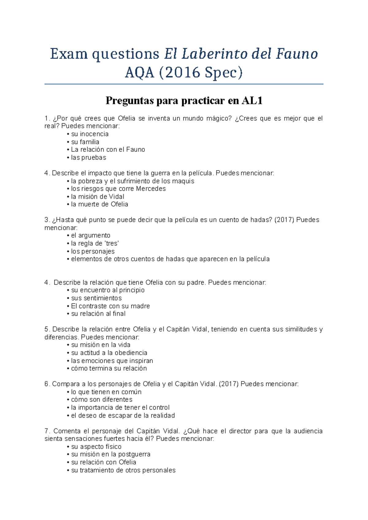 Preguntas para El Laberinto del Fauno - Exam questions El Laberinto del ...