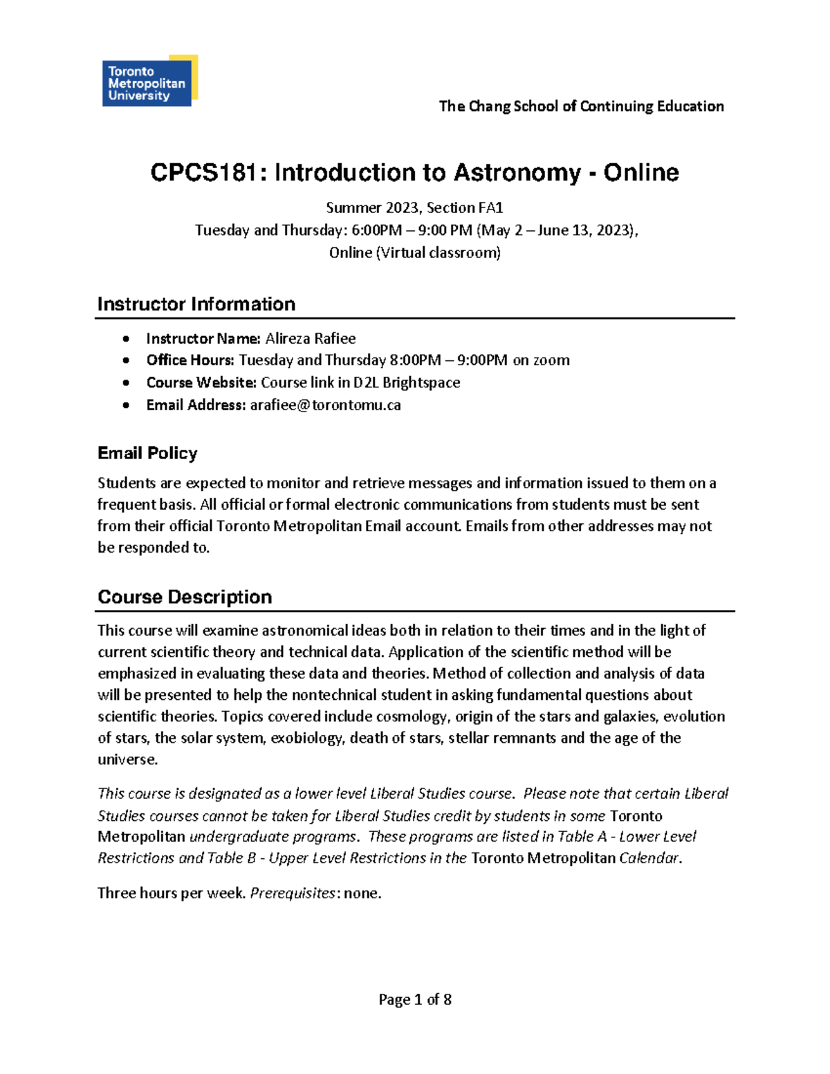 CPCS181-FA1 - Introduction to Astronomy Online Course Outline Summer ...
