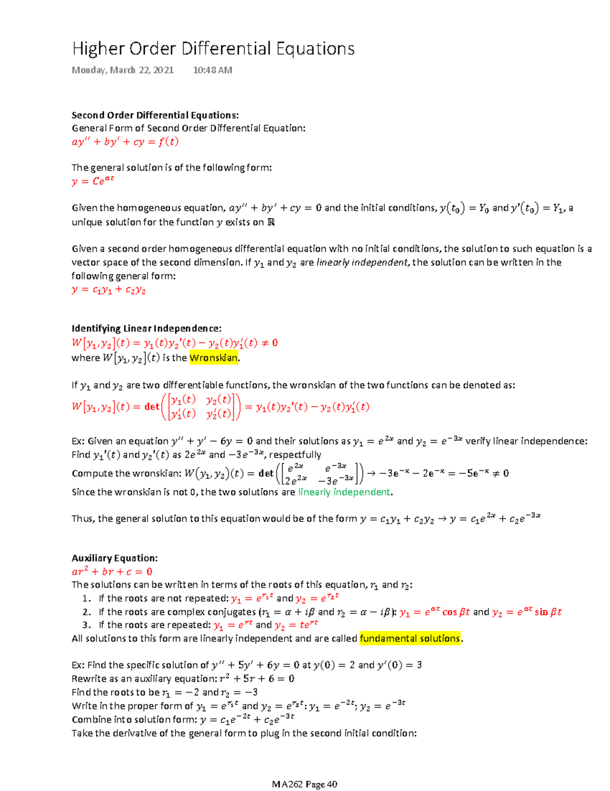 Higher Order Differential Equations - Second Order Differential ...