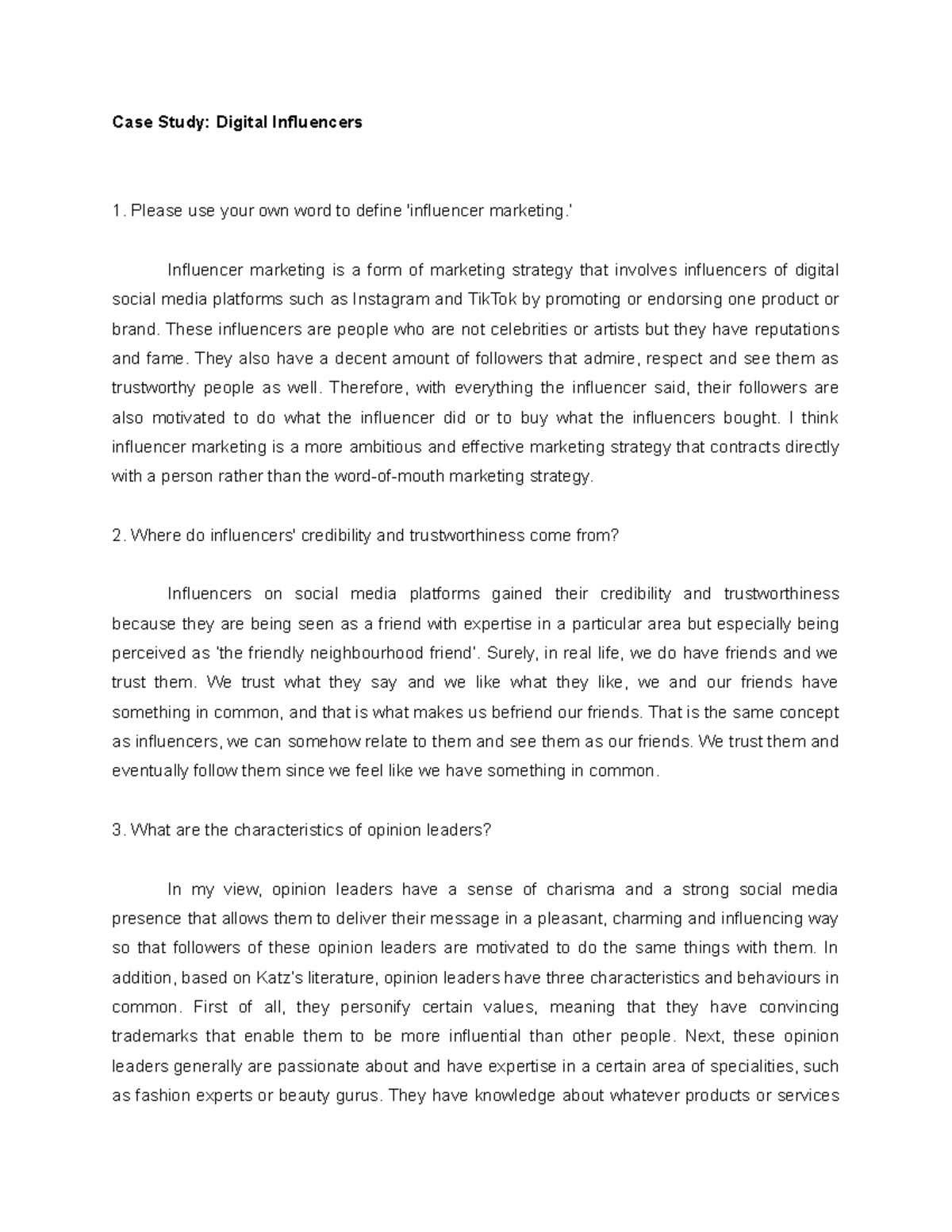 Case Study Digital Influencers - Case Study: Digital Influencers Please ...