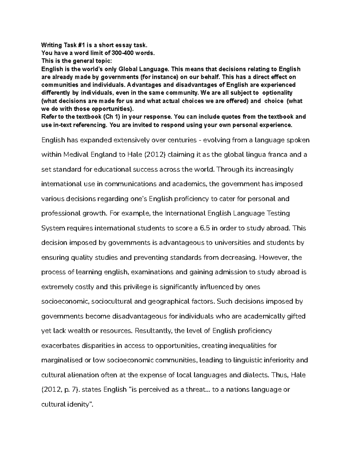 Writing task 1 - short essay - Writing Task #1 is a short essay task ...