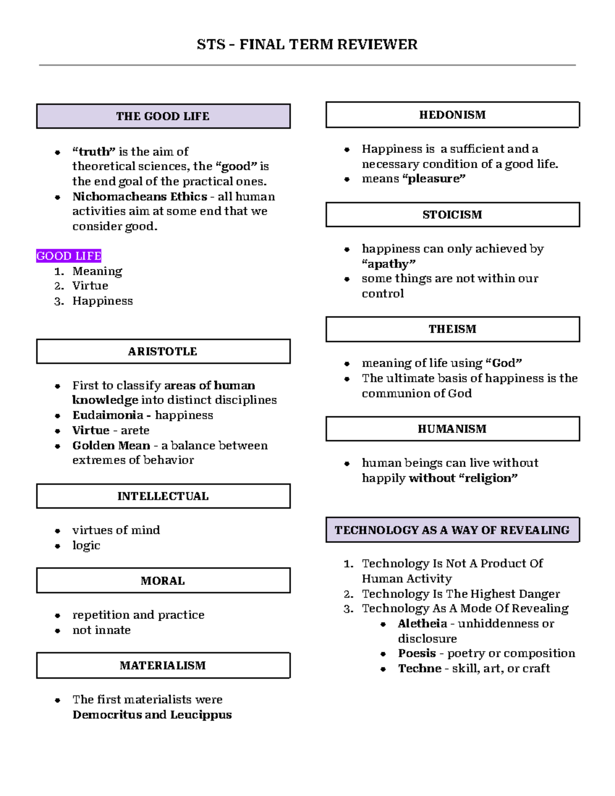 STS - Final Term Reviewer - STS - FINAL TERM REVIEWER THE GOOD LIFE “truth” is the aim of - Studocu