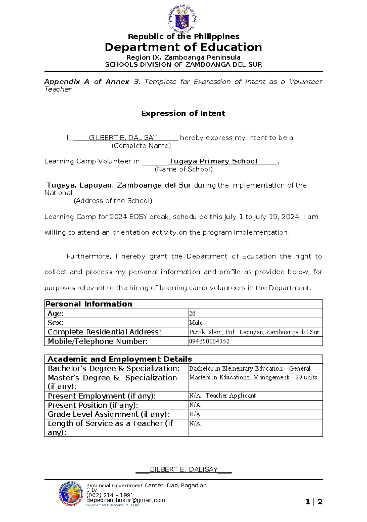 Appendix A of Annex 3 Gilbert - Provincial Government Center, Dao ...