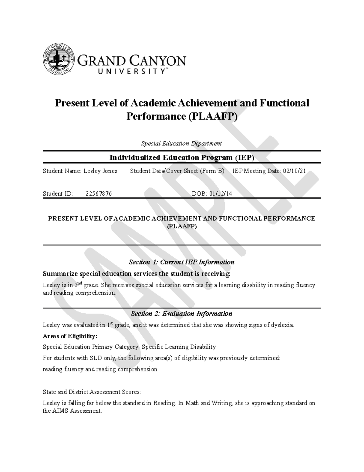 ECS 220 T4 RS Sample Plaafp - Present Level of Academic Achievement and ...