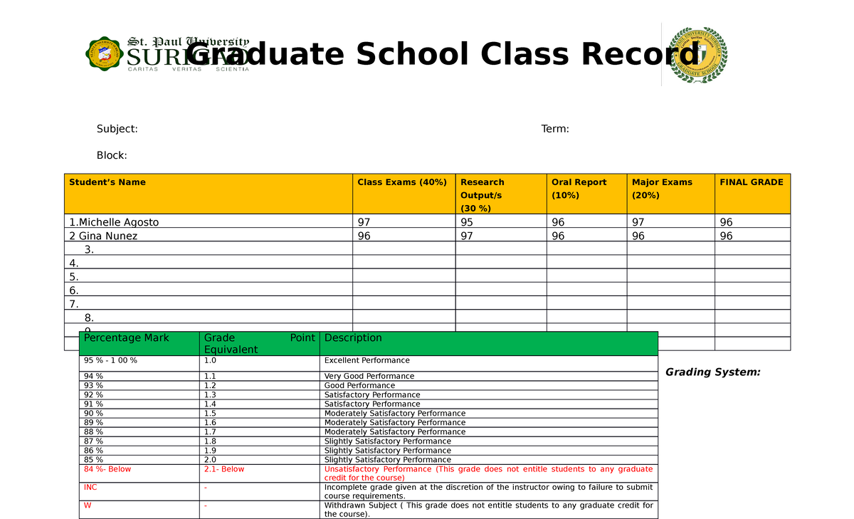Class Record - ejfndiouhfjnefknekfmd - Graduate School Class Record ...