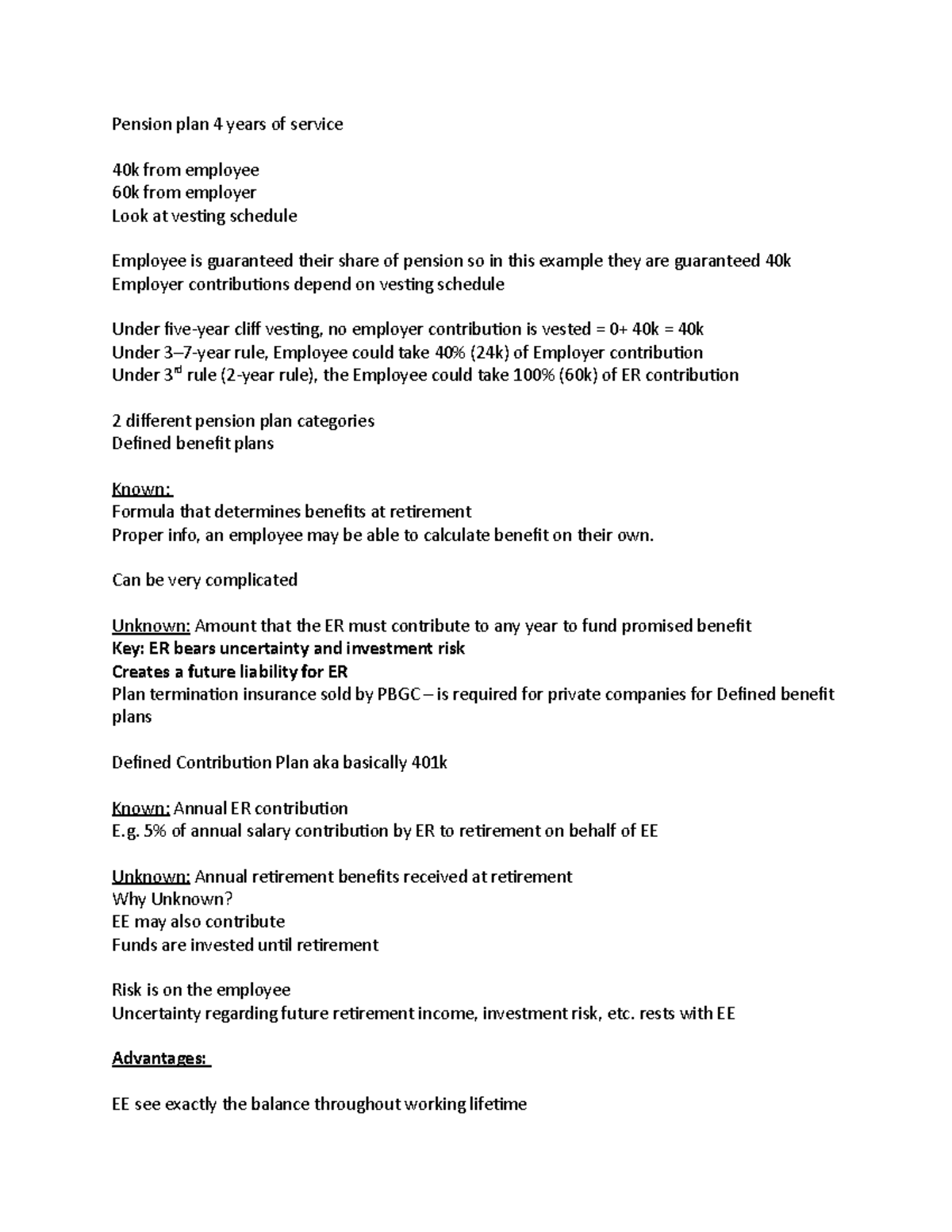 Risk notes 11-30-21 - Pension plan 4 years of service 40k from employee ...