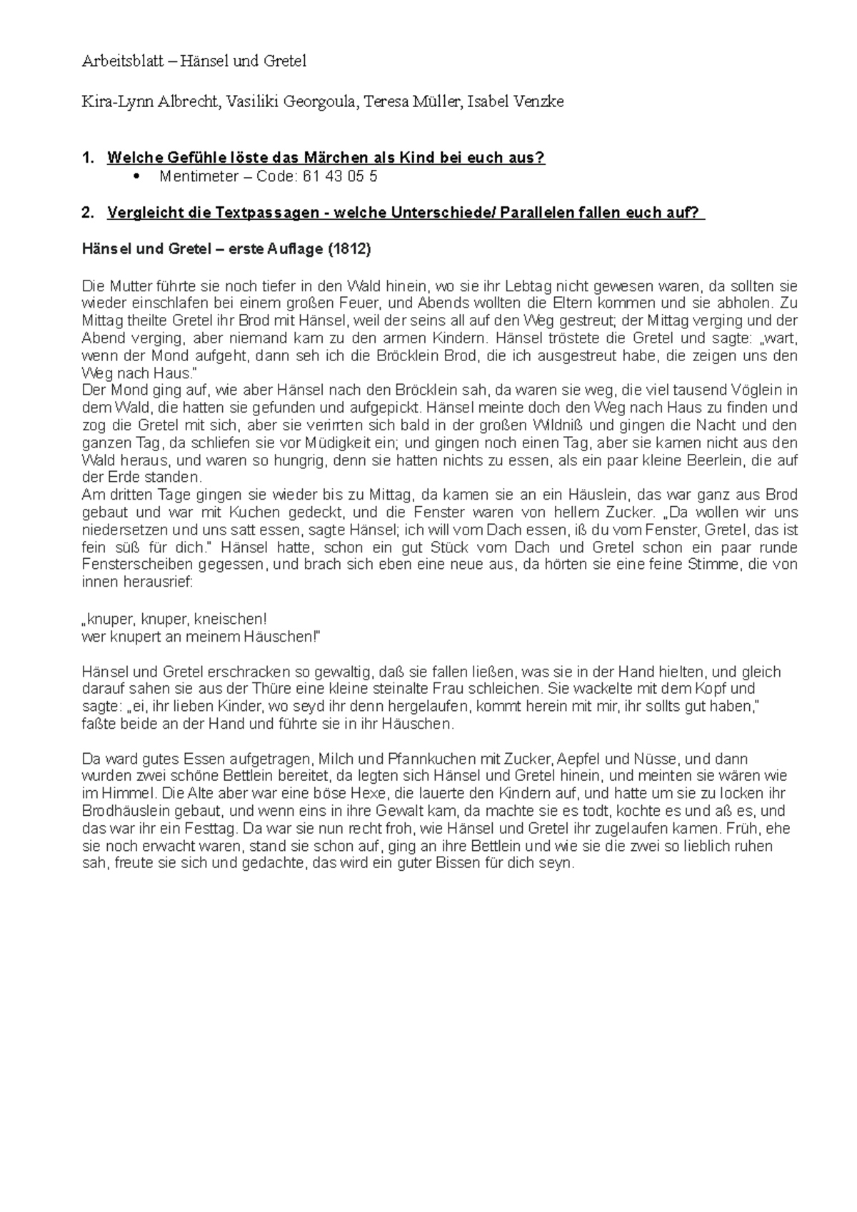 AB HÃ¤nsel und Gretel - text - Arbeitsblatt – Hänsel und Gretel Kira ...