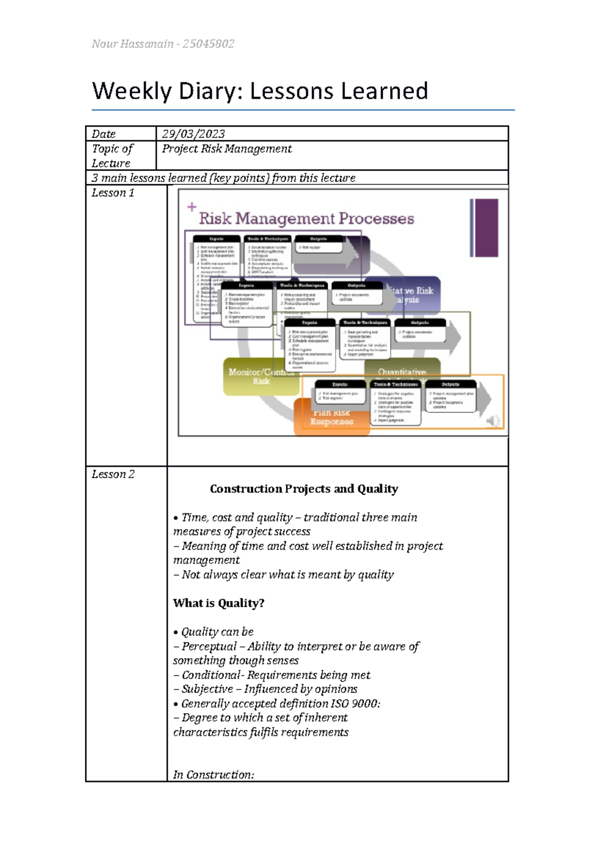 Weekly Diary 2 Week 6-10 - Weekly Diary: Lessons Learned Date 29/03 ...
