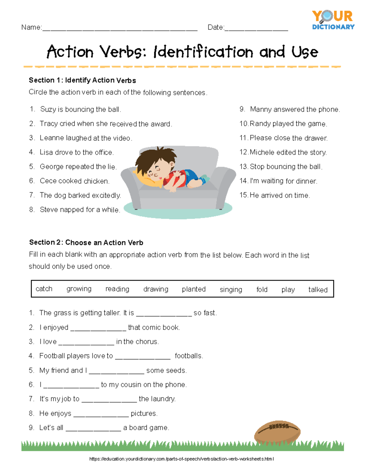 Action Verbs Identification Use worksheet - Section 1: Identify Action ...