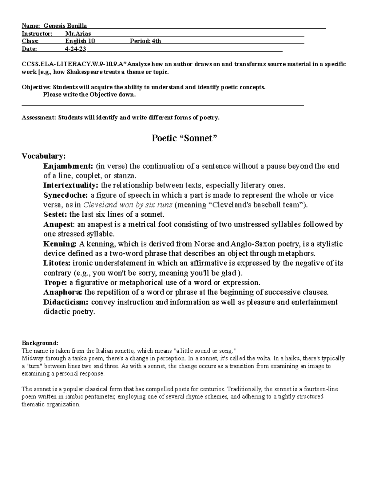 Genesis Bonilla - ENG 10 Woelc Poetry Sonnet - Name: Genesis Bonilla ...