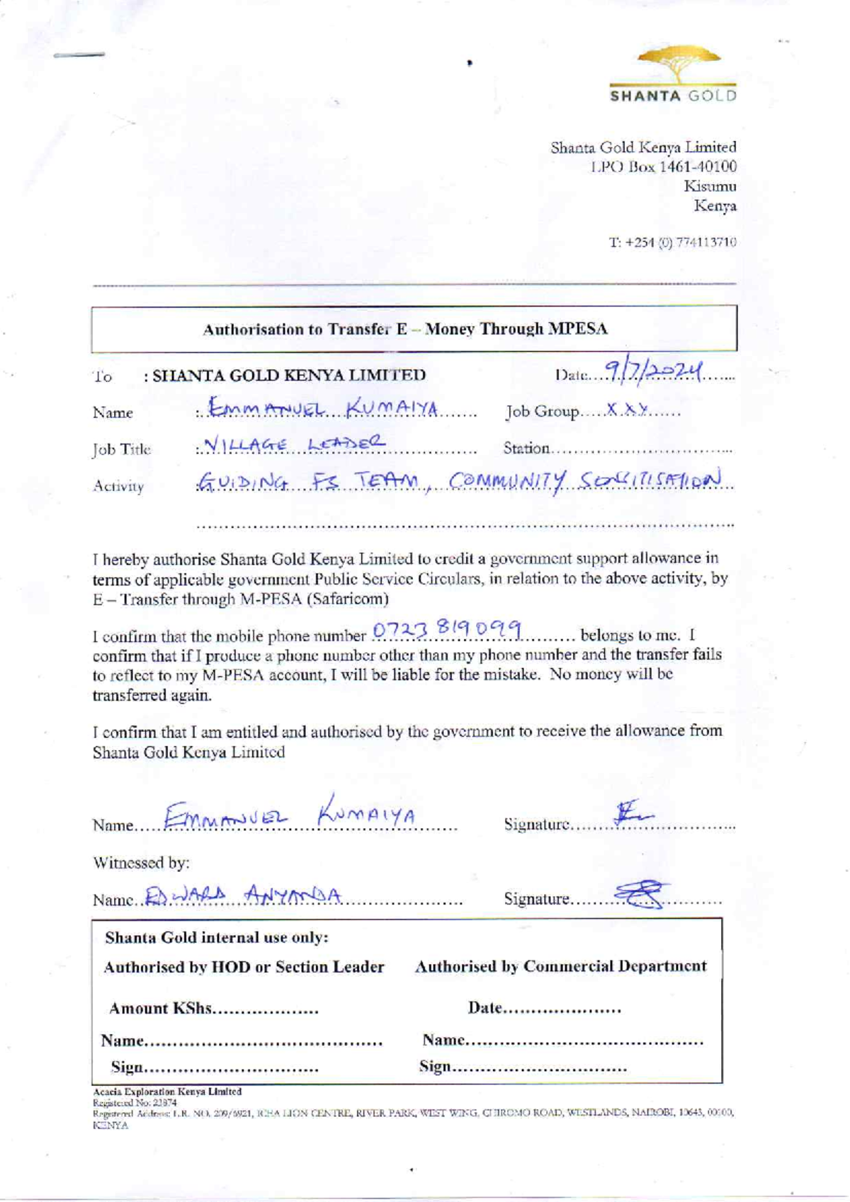 Emmanuel - GYGGV - SHANTA GOLD Shanta Gold Kenya Limited LPO Box Kisumu ...