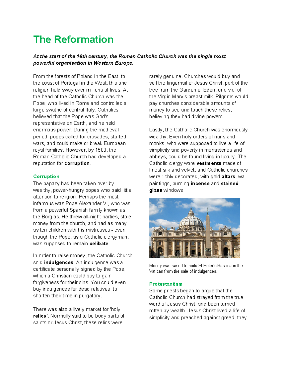 The Reformation - Reading Sheet - The Reformation At the start of the ...