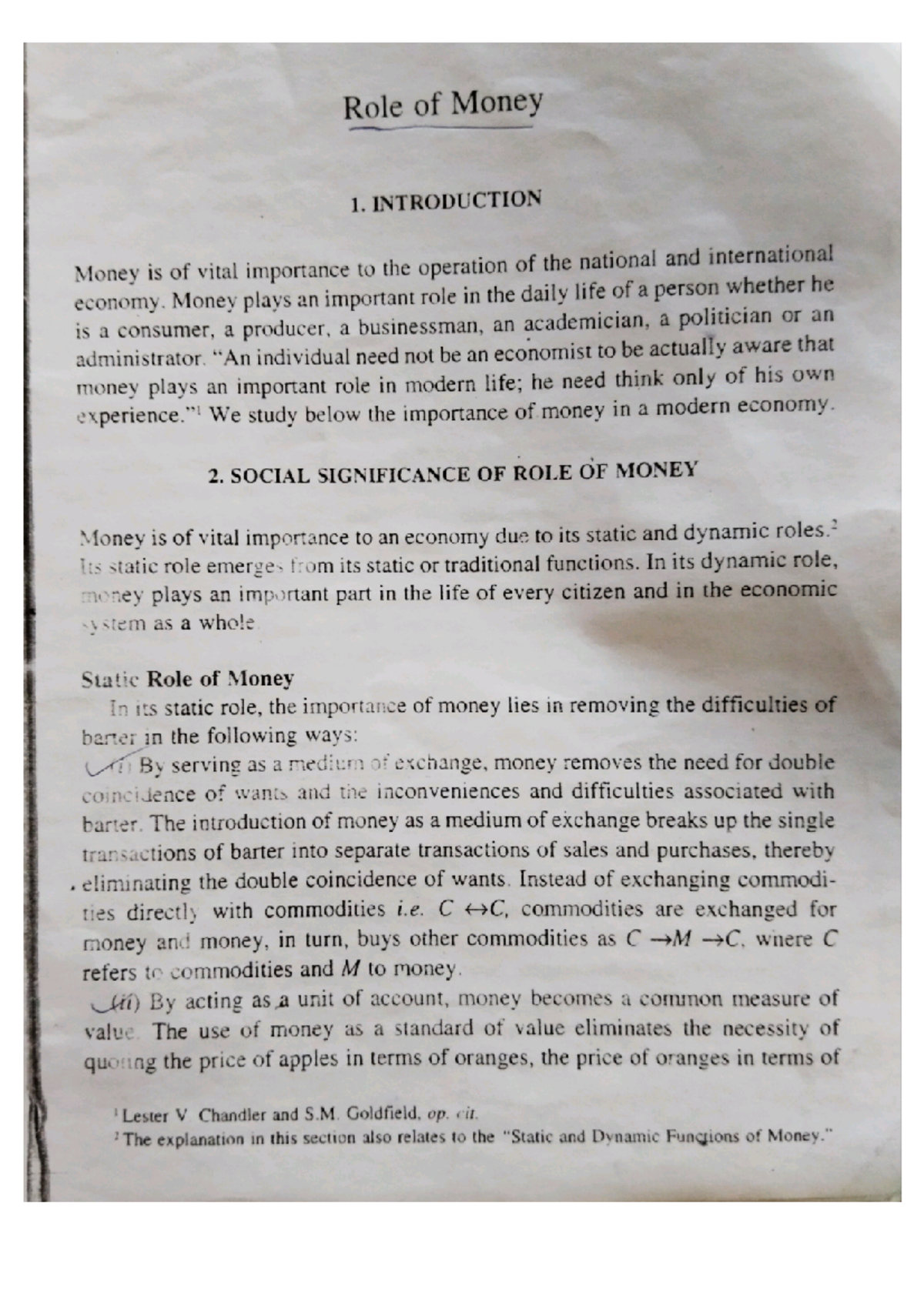 Role of Money - Reference notes - Economics - Studocu