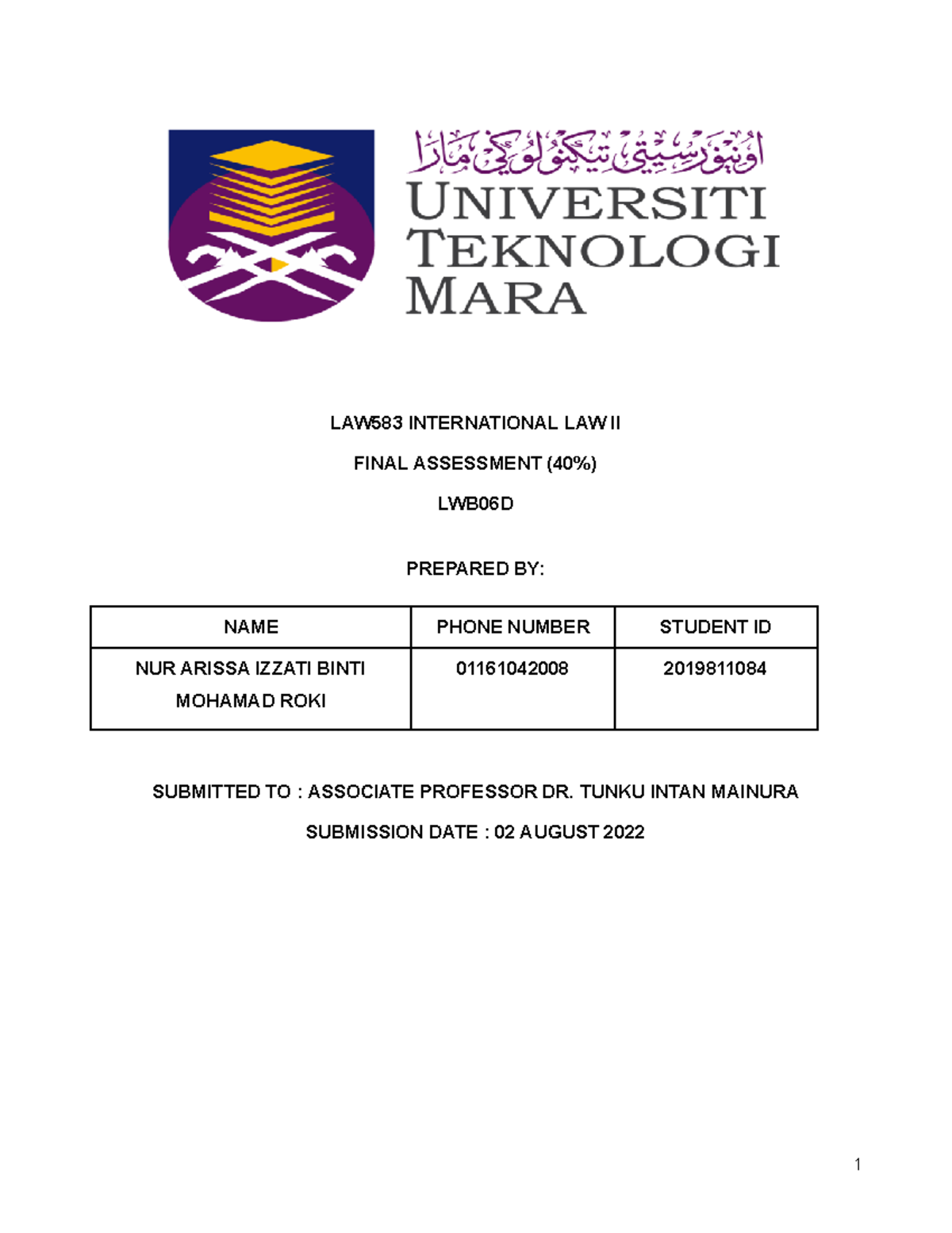 IL II - Final - 6D Nur Arissa Izzati binti Mohamad Roki - LAW583 ...