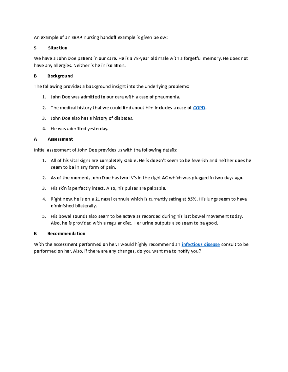 SBAR Example - An example of an SBAR nursing handoff example is given ...