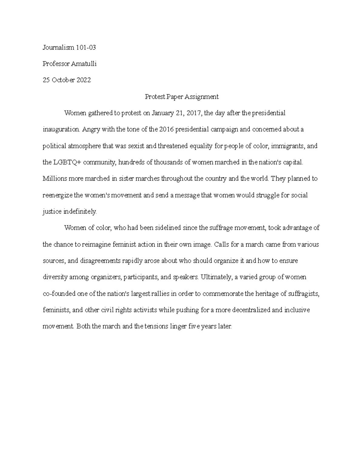 Protest Paper Assignment - Journalism 101- Professor Amatulli 25 ...