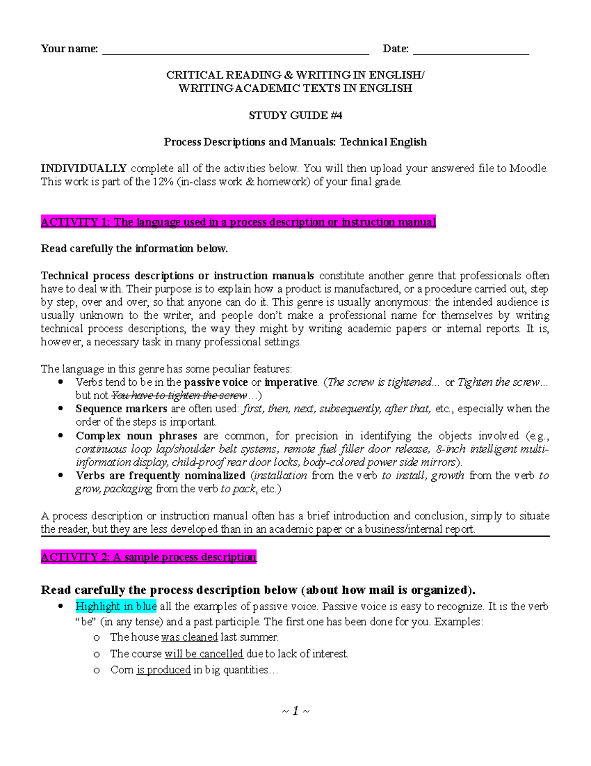 Study Guide 4 - Technical English (Instruction manual Process ...